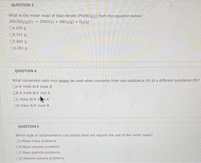 Solved What is the molar mass of lead nitrate (Pb(NO3)2) | Chegg.com