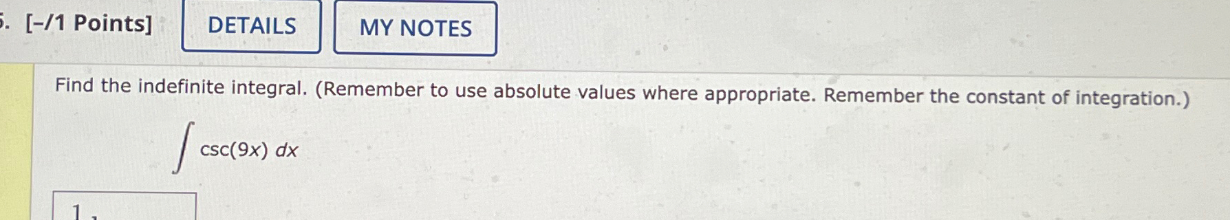 Solved [-/1 ﻿Points]Find the indefinite integral. (Remember | Chegg.com