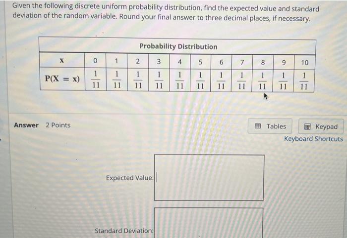 Solved Given the following discrete uniform probability | Chegg.com