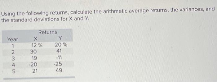 Solved Using the following returns, calculate the arithmetic | Chegg.com