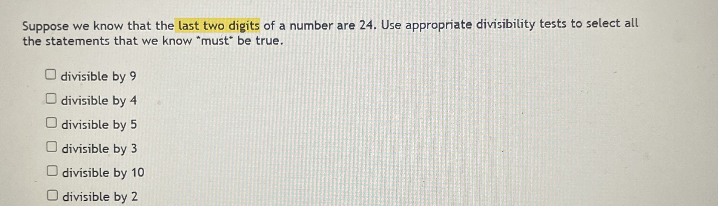 Suppose we know that the last two digits of a number | Chegg.com