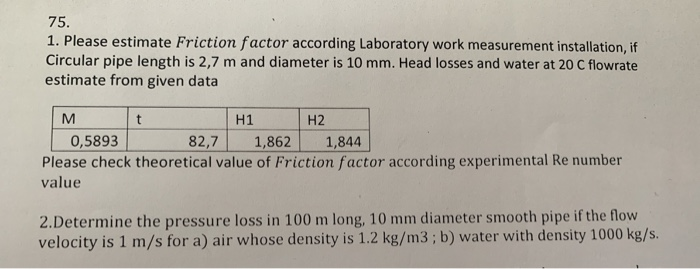 Solved 75. 1. Please estimate Friction factor according | Chegg.com