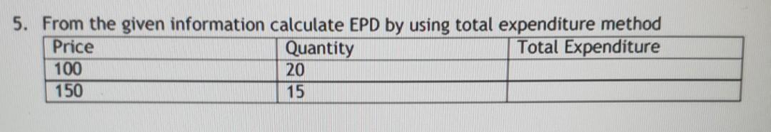 Solved 5. From the given information calculate EPD by using | Chegg.com