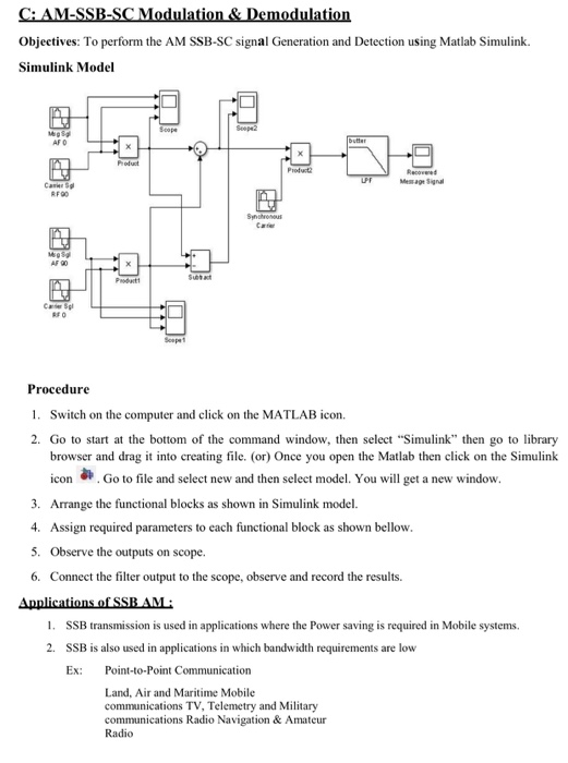 CHAM-SSB-SC Modulation & Demodulation Objectives: To | Chegg.com