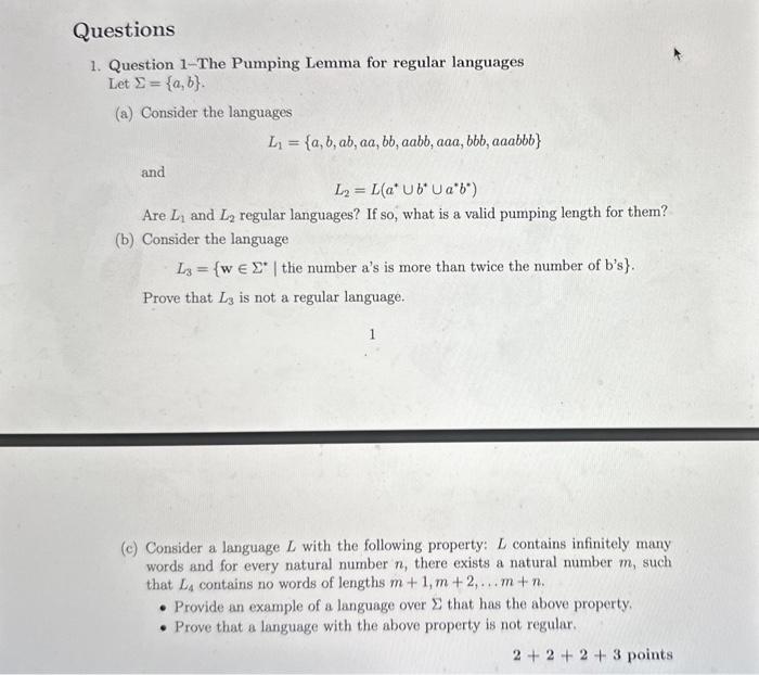 Solved 1. Question 1-The Pumping Lemma for regular languages | Chegg.com