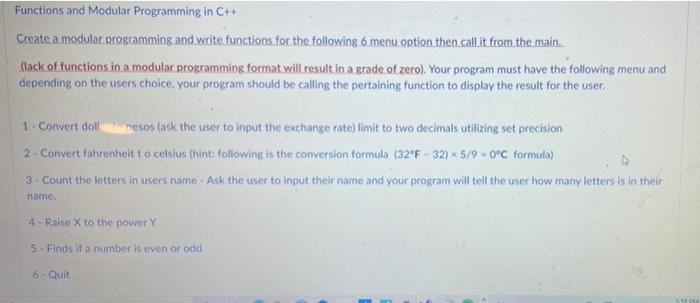 Functions and Modular Programming in C++ Create a | Chegg.com