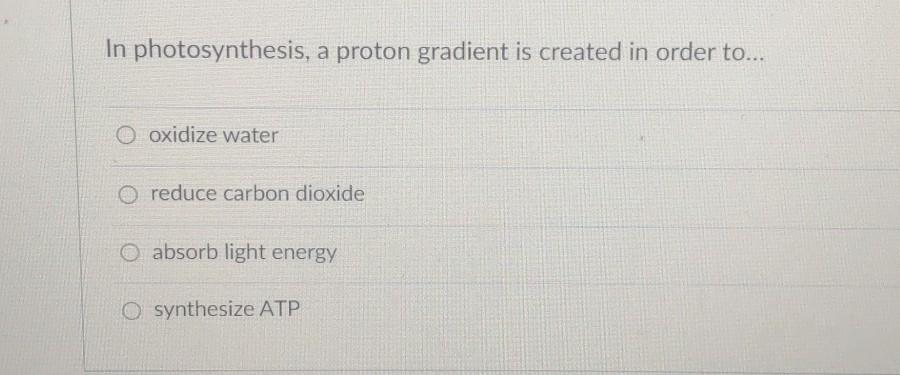 Solved In photosynthesis, a proton gradient is created in | Chegg.com