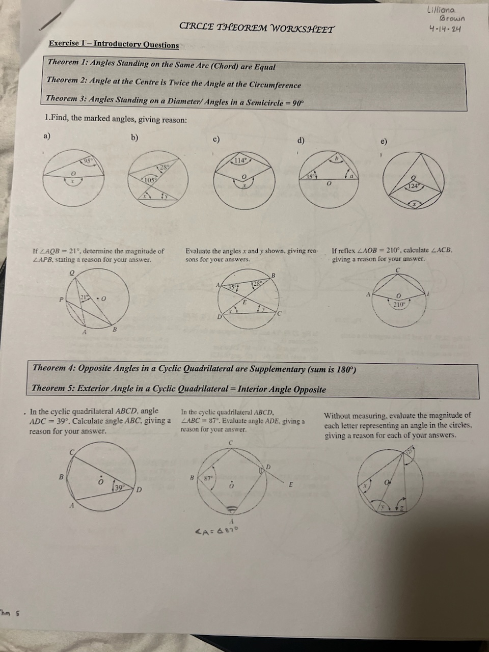 Solved Exercise 1 - ﻿Introductory QuestionsTheorem 1: Angles | Chegg.com
