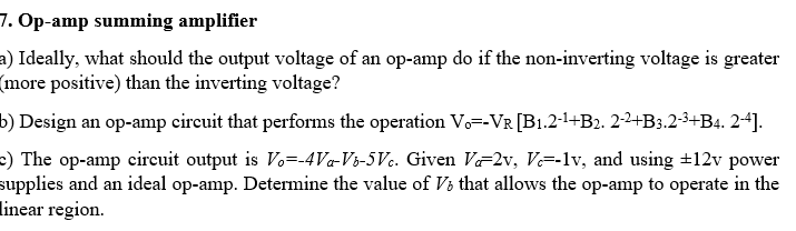 Solved Op-amp summing amplifiera) ﻿Ideally, what should the | Chegg.com