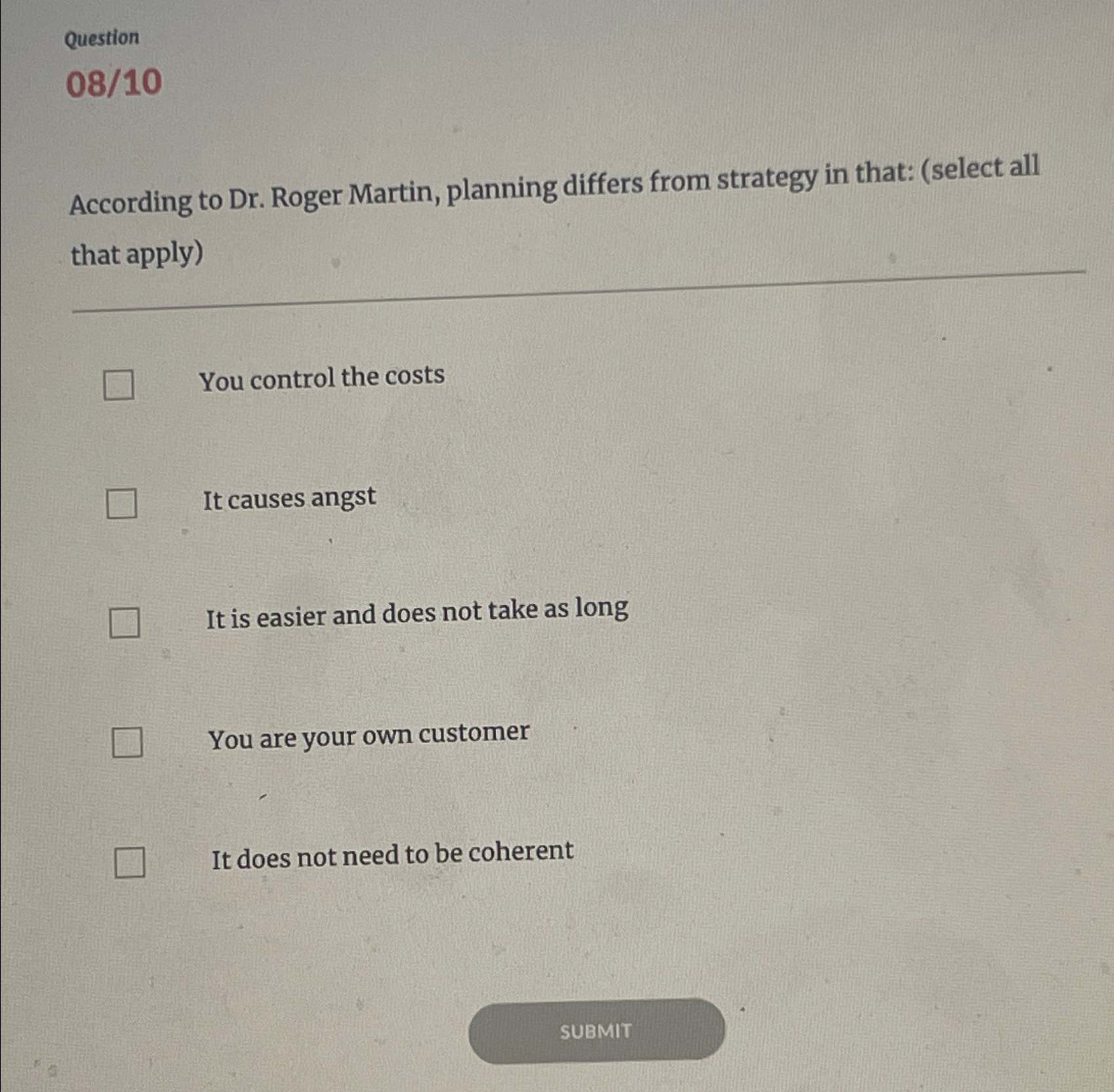 Solved Question0810According to Dr. ﻿Roger Martin, planning | Chegg.com