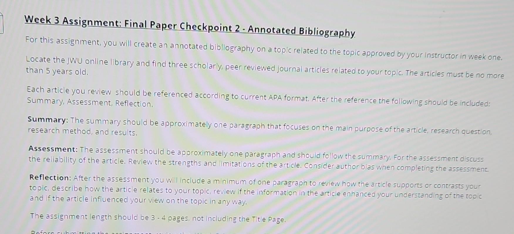 Solved Week 3 Assignment: Final Paper Checkpoint 2 - | Chegg.com Solved Week 3 Assignment: Final Paper Checkpoint 2 - | Chegg.com