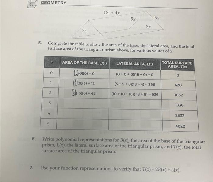 Solved Complete the table to show the area of the base, the | Chegg.com