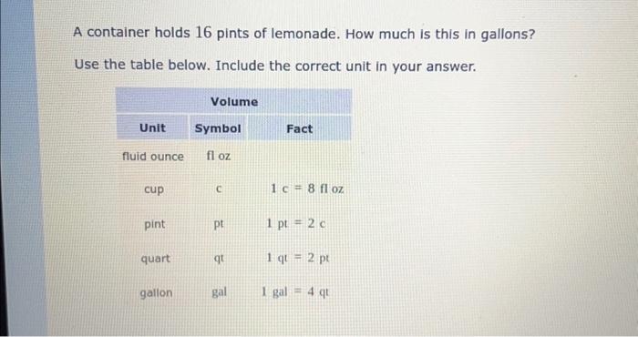 Solved A container holds 16 pints of lemonade. How much is | Chegg.com