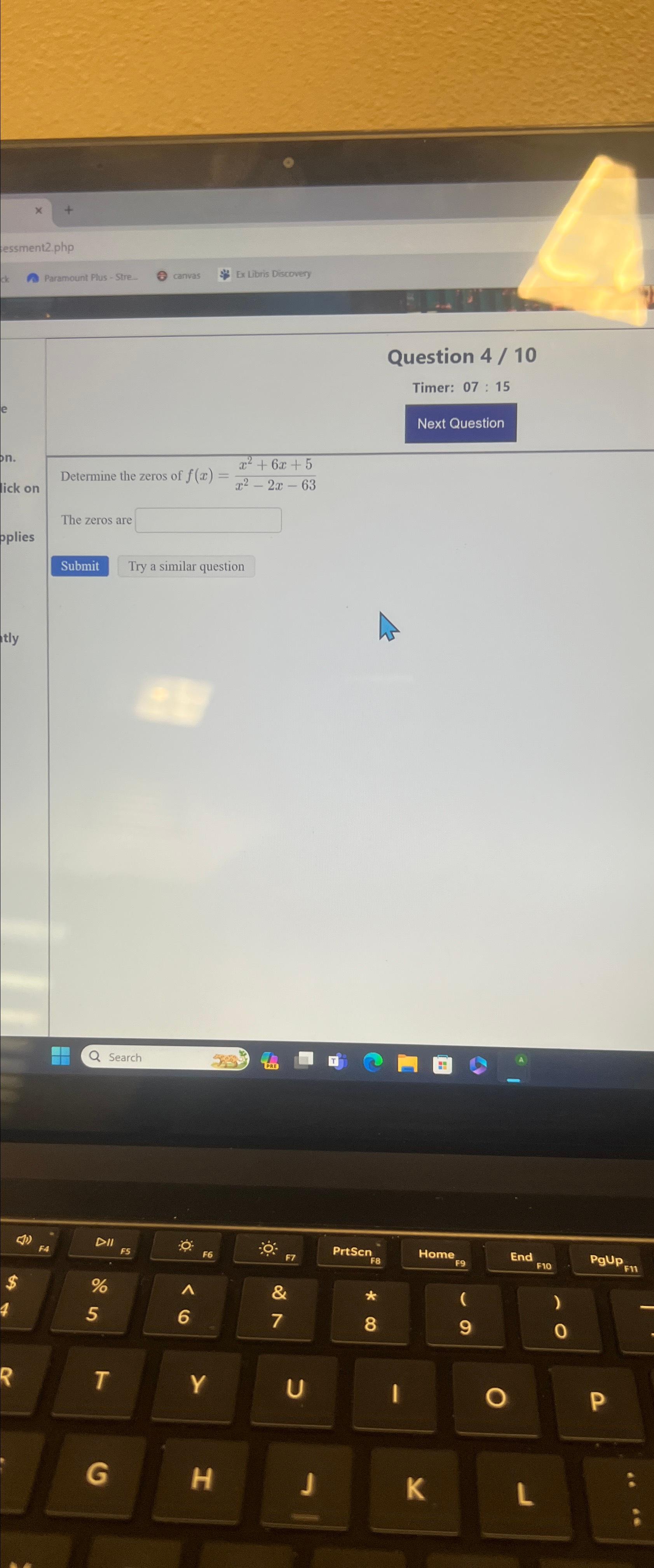 Solved Question 4 / 10Timer: 07:15Determine the zeros of | Chegg.com