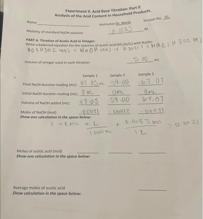 Solved PART A. Titration of Acetic Acid in Vinegar. Write a | Chegg.com