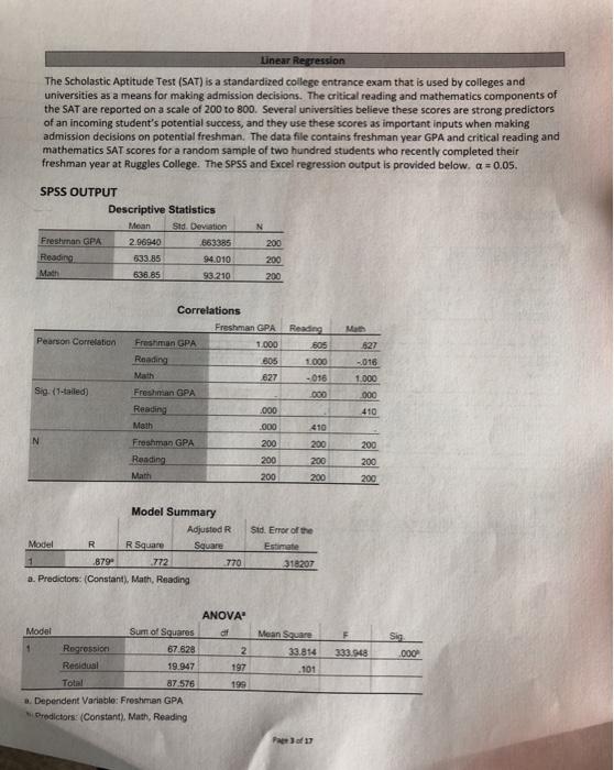 Solved Linear Regression The Scholastic Aptitude Test (SAT) | Chegg.com