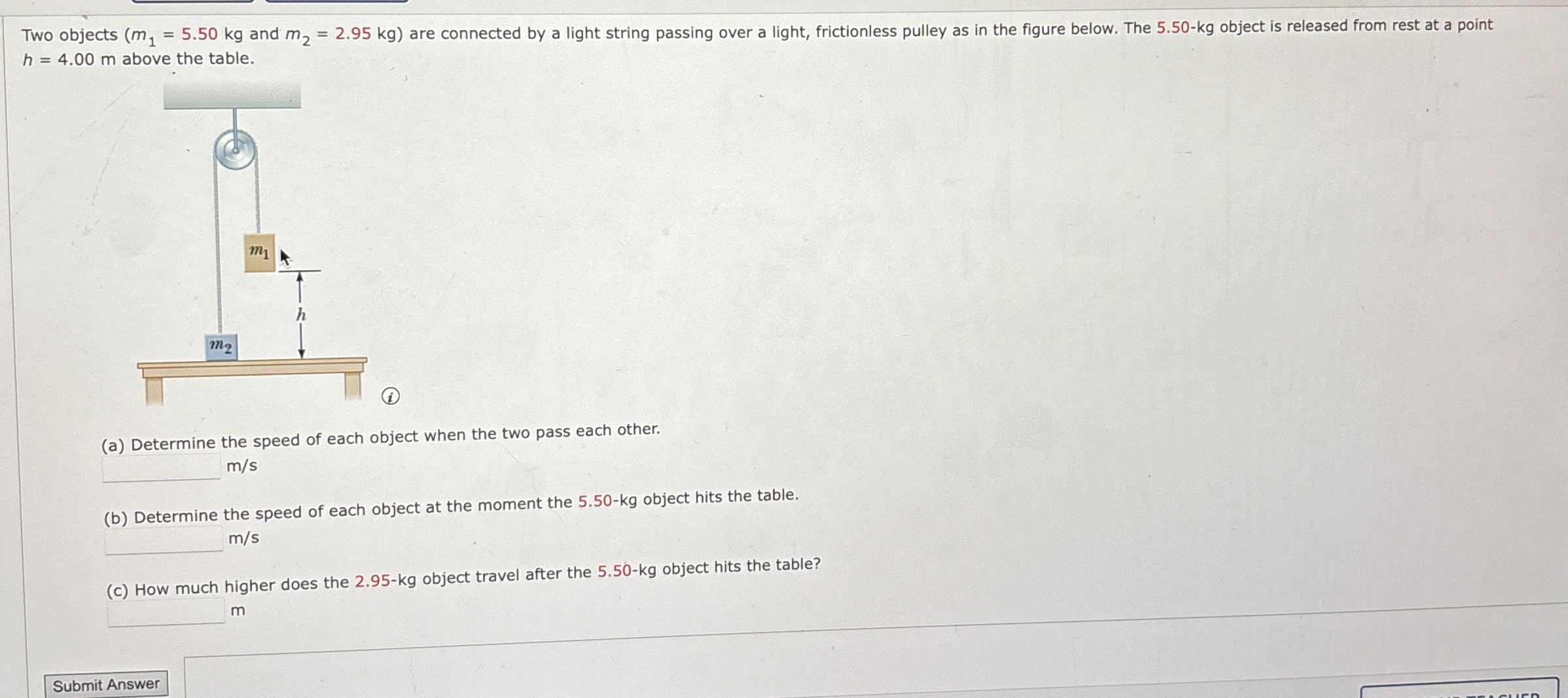 Solved Two objects ( m1=5.50kg ﻿and m2=2.95kg ) ﻿are | Chegg.com