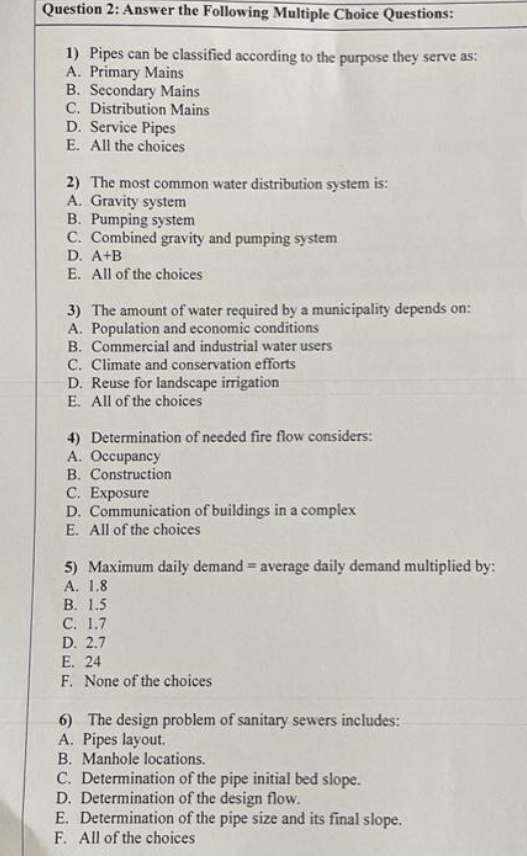 Solved Question 2: Answer the Following Multiple Choice | Chegg.com