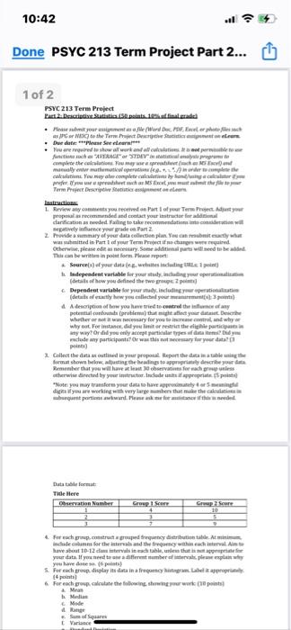 Solved 10:42 . Done PSYC 213 Term Project Part 2... 1 of 2 | Chegg.com