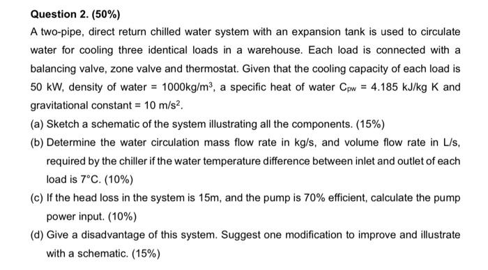 Solved Question 2. (50%) A two-pipe, direct return chilled | Chegg.com