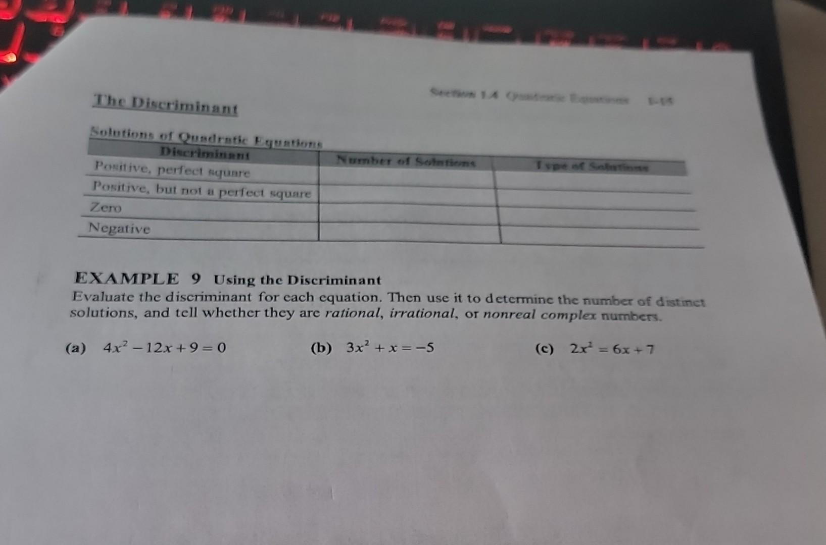 Solved EXAMPLE 9 Using the Discriminant Evaluate the | Chegg.com
