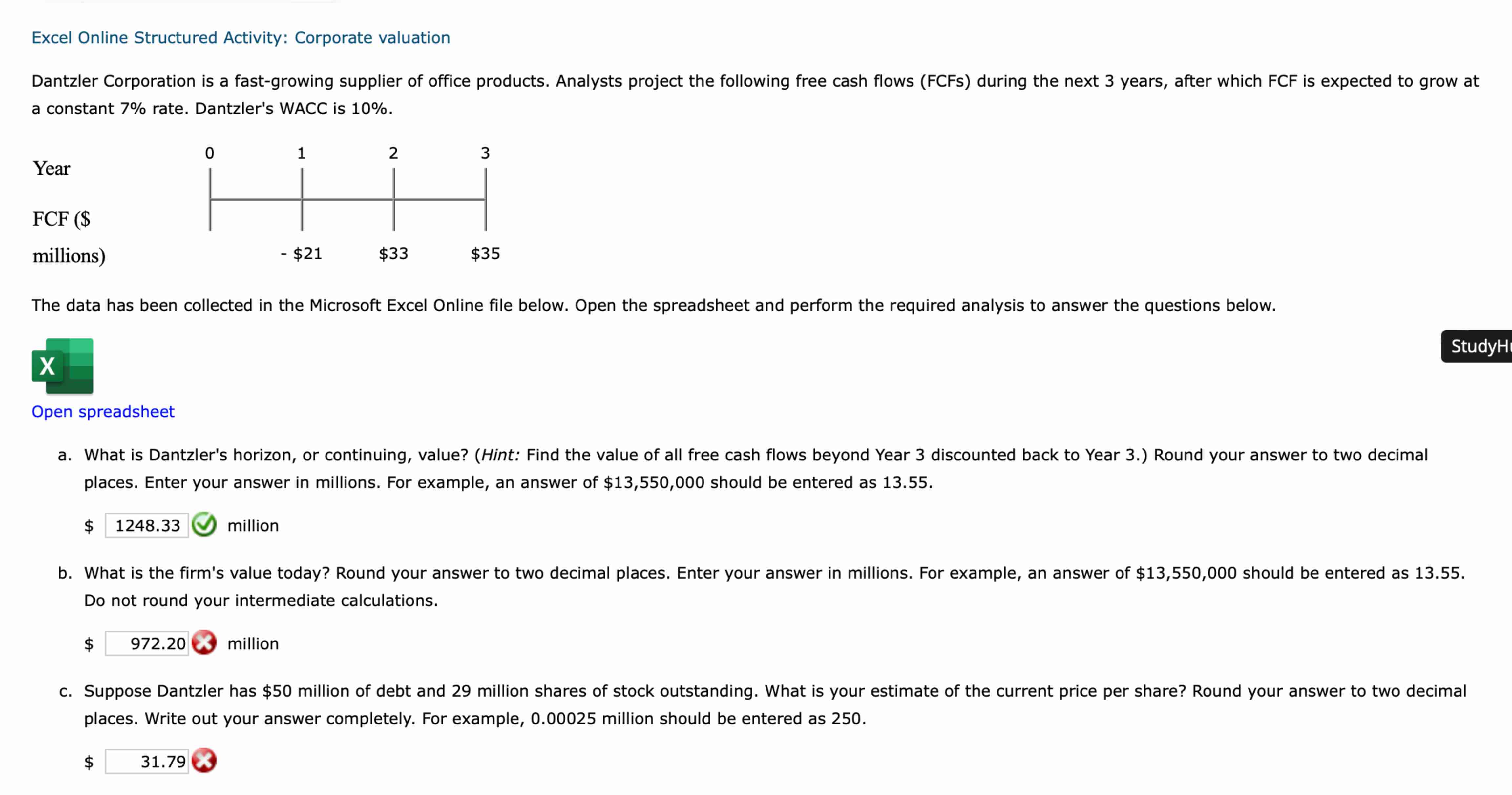 Excel Online Structured Activity: Corporate valuation | Chegg.com