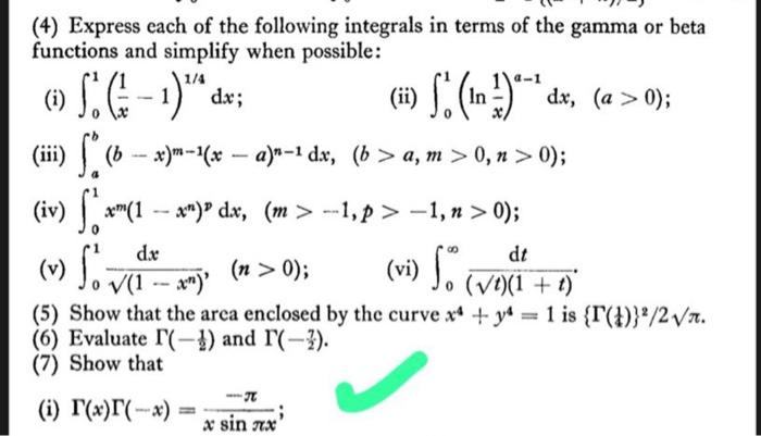 Solved (4) Express each of the following integrals in terms | Chegg.com