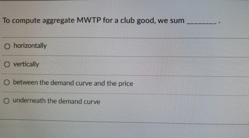 Solved To compute aggregate MWTP for a club good, we sum O | Chegg.com