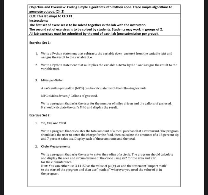 Solved Exercise Set 1: 1. Write a Python statement that | Chegg.com Solved Exercise Set 1: 1. Write a Python statement that | Chegg.com