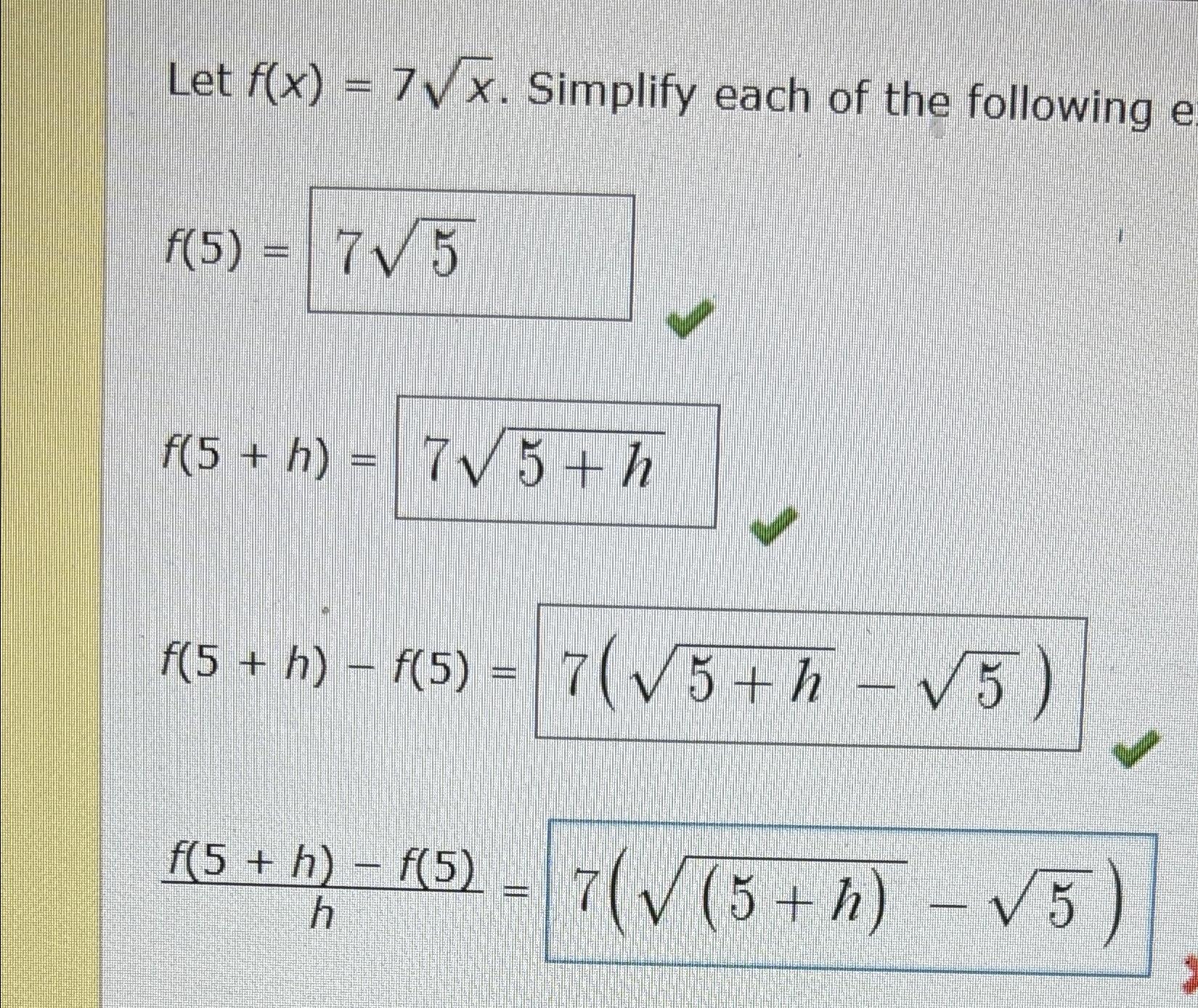 Solved Let f(x)=7x2. ﻿Simplify each of the | Chegg.com