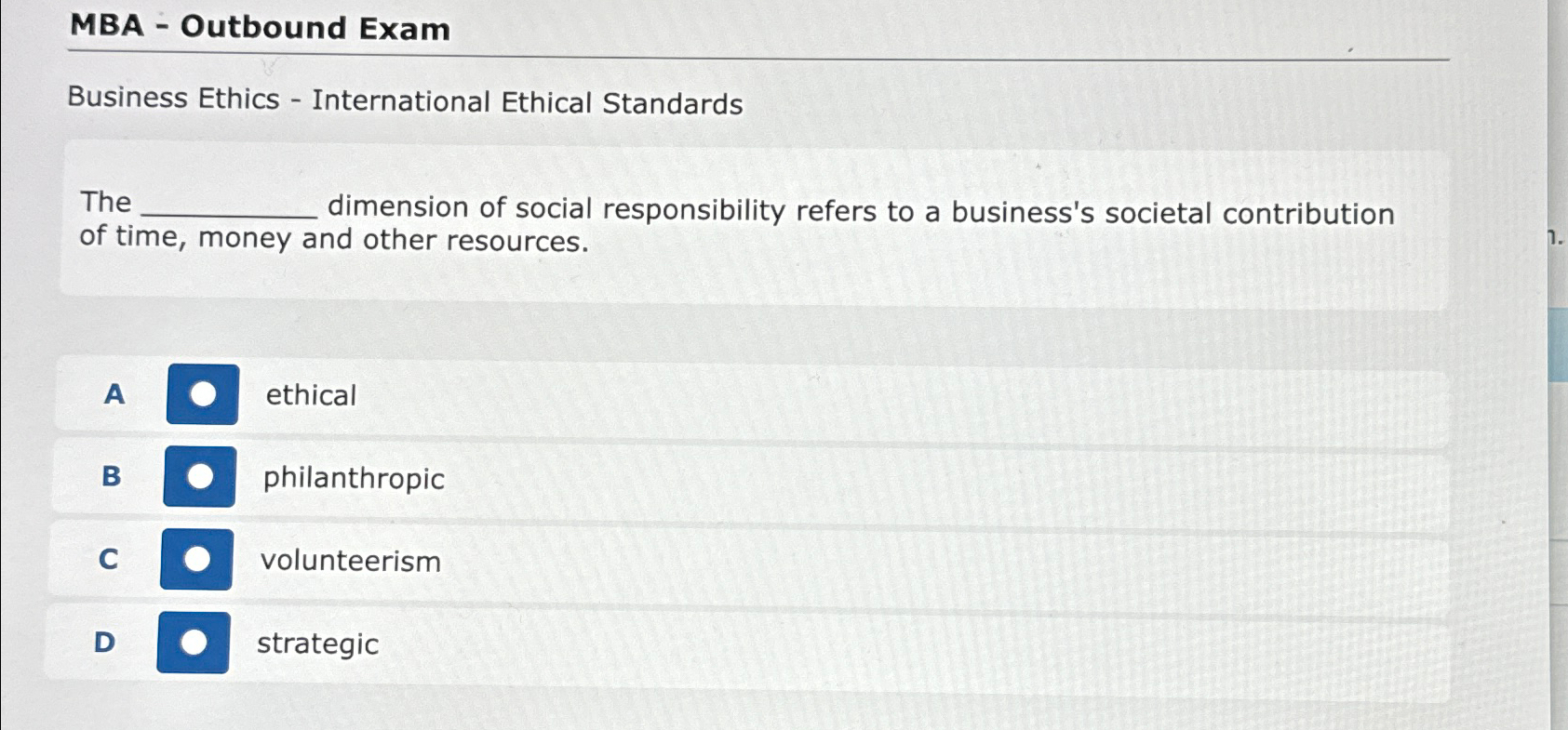Solved MBA - ﻿Outbound ExamBusiness Ethics - ﻿International | Chegg.com