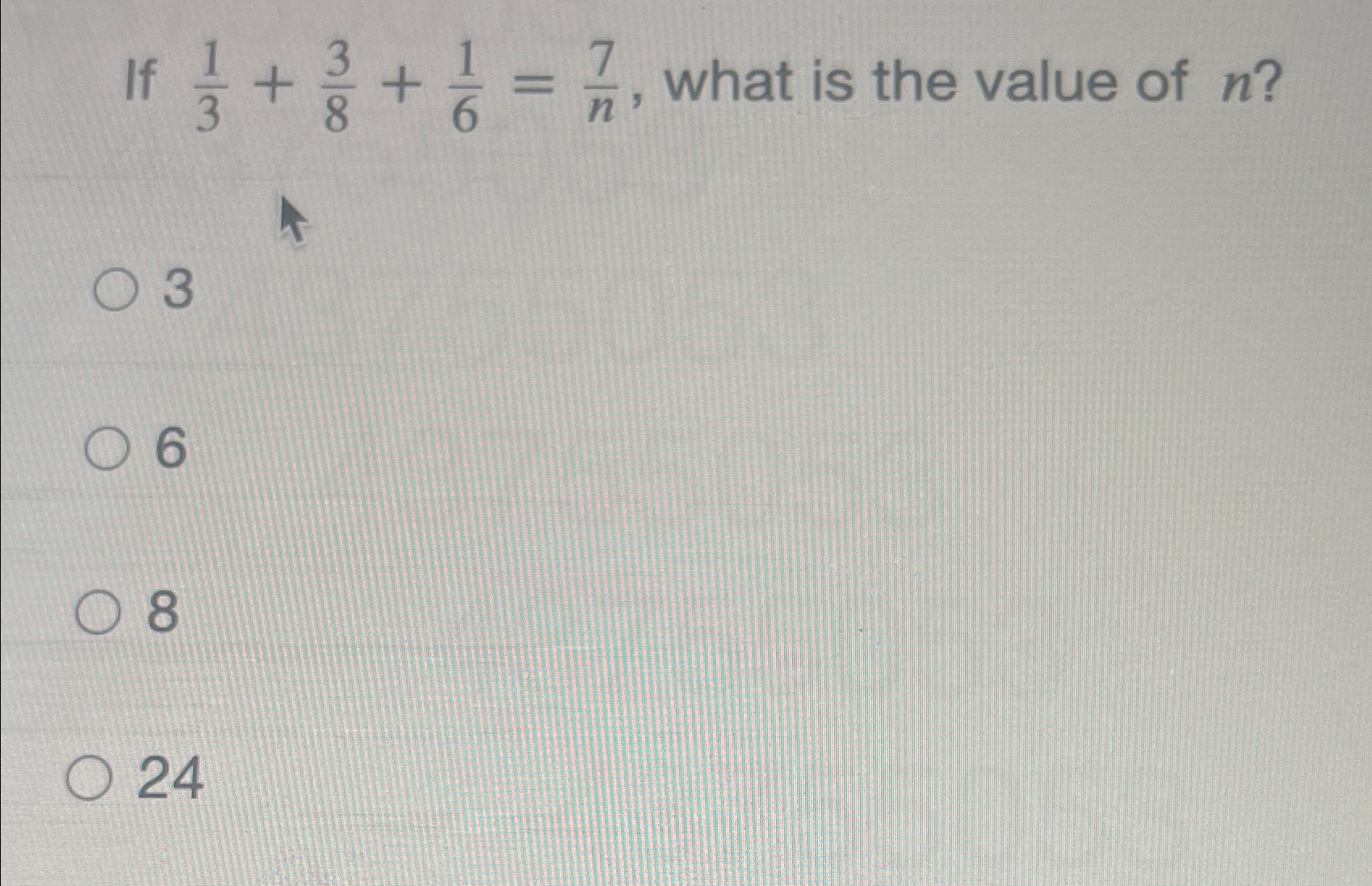Solved If 13+38+16=7n, ﻿what is the value of n?36824 | Chegg.com