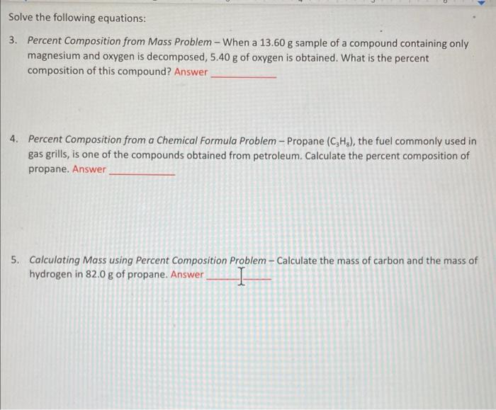 Solved Solve the following equations: 3. Percent Composition | Chegg.com