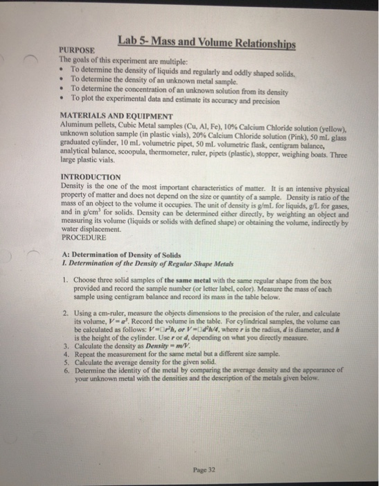 Lab 5- Mass and Volume Relationships PURPOSE The | Chegg.com
