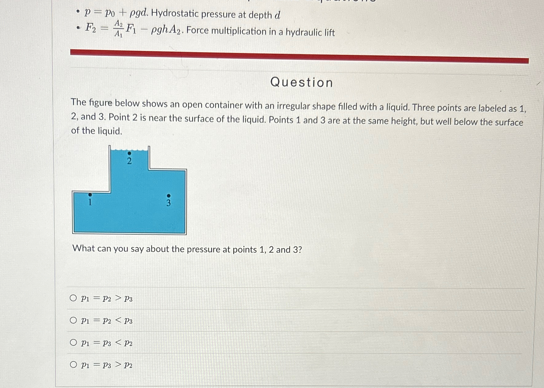 Solved p=p0+ρgd. ﻿Hydrostatic pressure at depth | Chegg.com