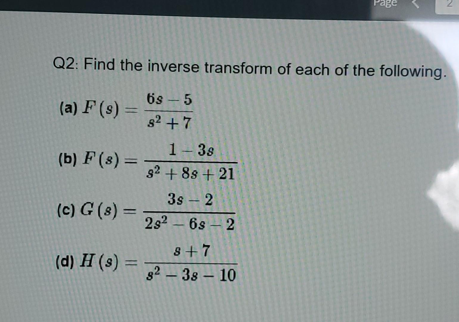 Solved Q2: Find the inverse transform of each of the | Chegg.com