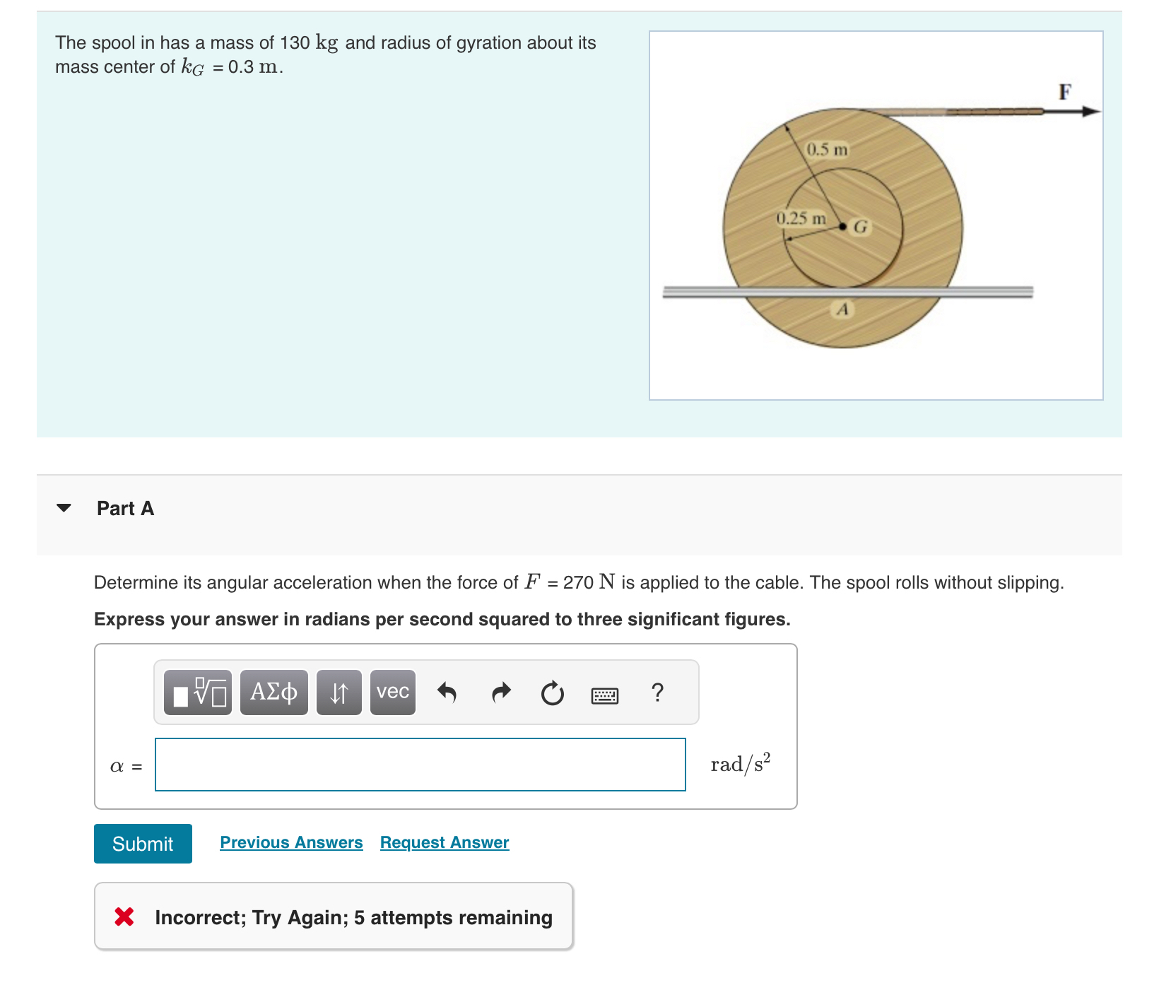 Solved The spool in has a mass of 130kg and radius of | Chegg.com