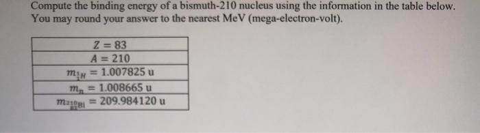 Solved Compute the binding energy of a bismuth-210 nucleus | Chegg.com