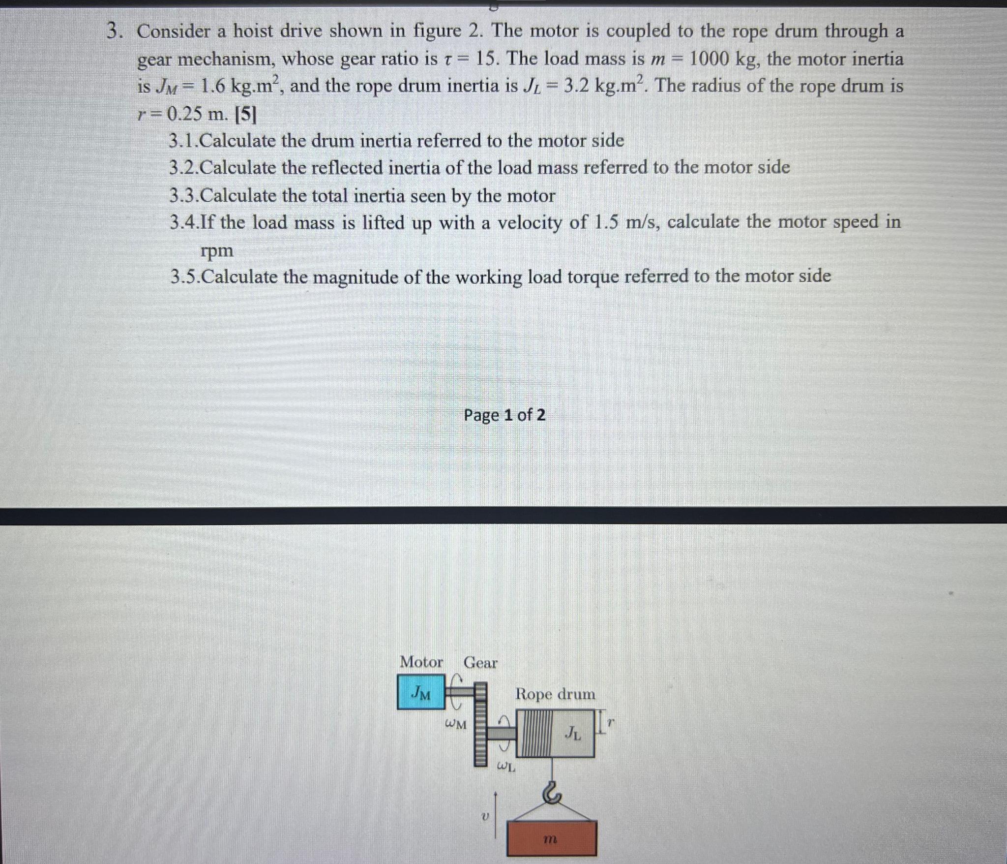 Solved Consider a hoist drive shown in figure 2. ﻿The motor | Chegg.com