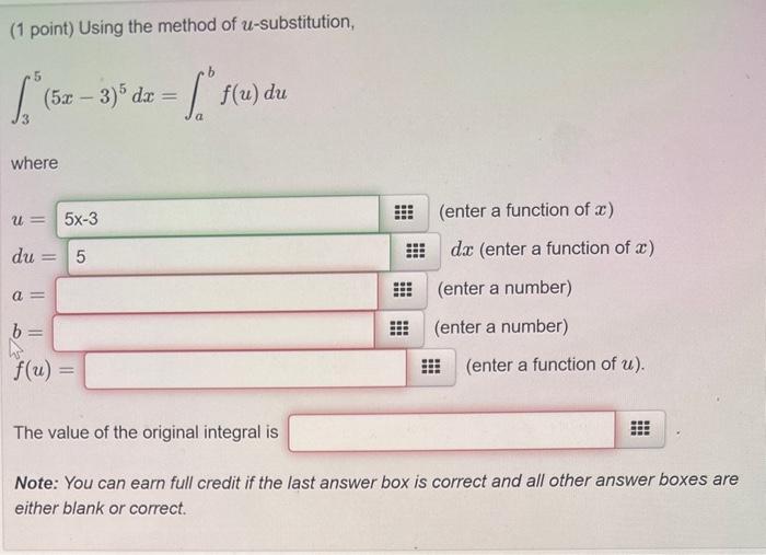 Solved (1 point) Using the method of u-substitution, | Chegg.com