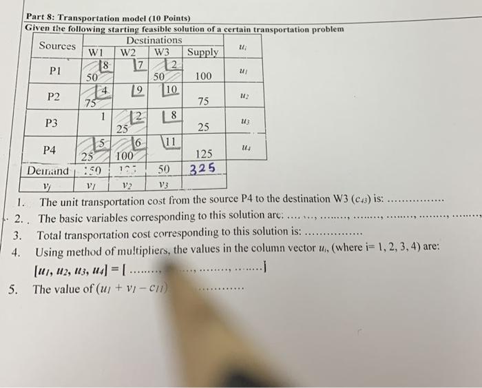 Solved Part 8: Transportation model (10 Points) Given the | Chegg.com