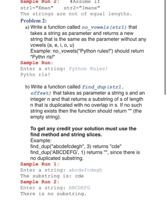 Solved Sample Run 2: #Assume if strl="Eman" str2="Imane" The | Chegg.com