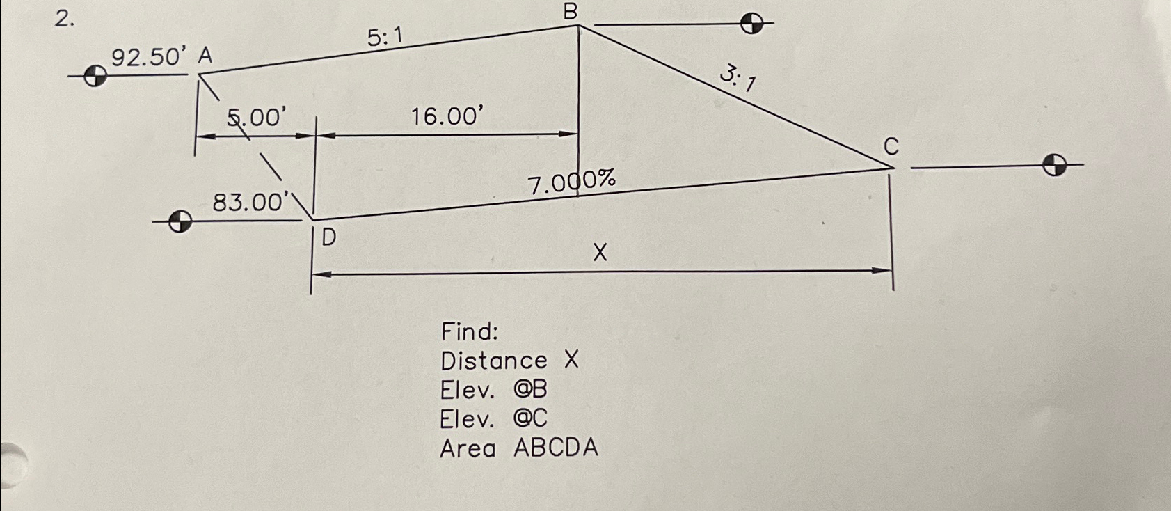 Solved Find:Distance xElev. @BElev. @CArea ABCDA | Chegg.com