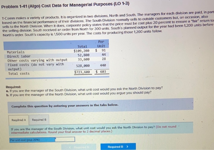 Solved Problem 1-41 (Algo) Cost Dato for Managerial Purposes | Chegg.com