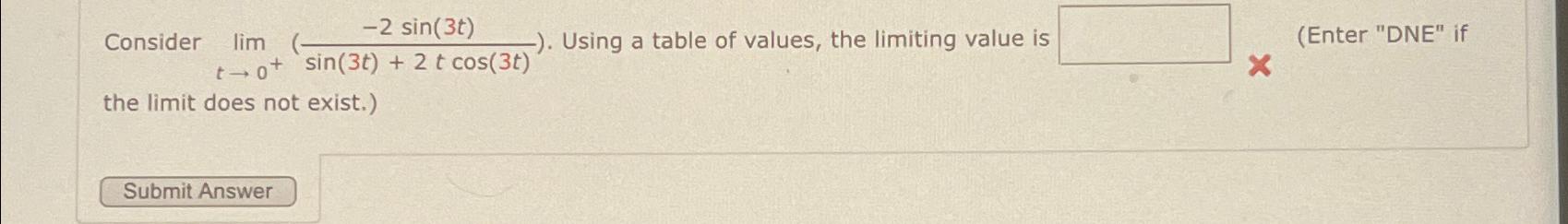 Solved Consider limt→0+(-2sin(3t)sin(3t)+2tcos(3t)). ﻿Using | Chegg.com