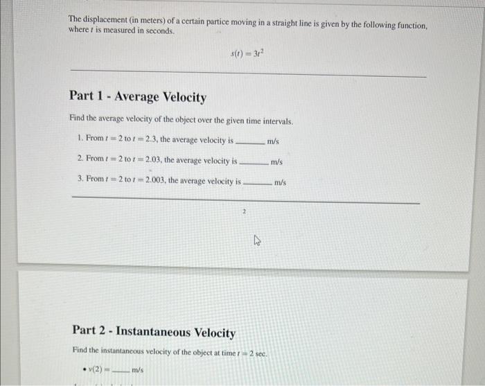 Solved Find the average velocity of the object over the | Chegg.com