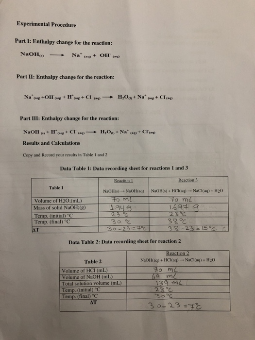 Solved Experimental Procedure Part I: Enthalpy change for | Chegg.com