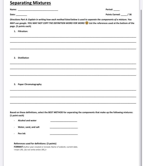 Solved Separating Mixtures Name: Date: Period: Points | Chegg.com