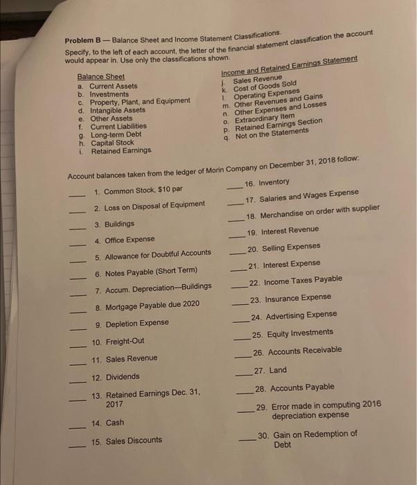 Solved Problem B - Balance Sheet and Income Statement | Chegg.com