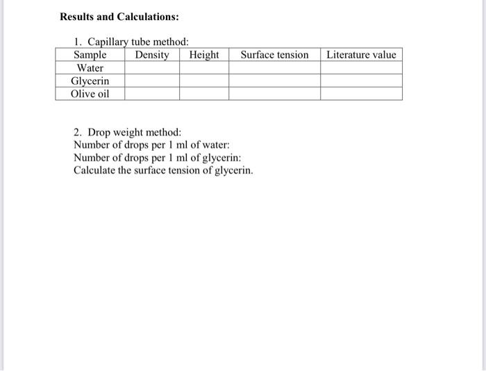 Results and Calculations: 1. Capillary tube method: | Chegg.com